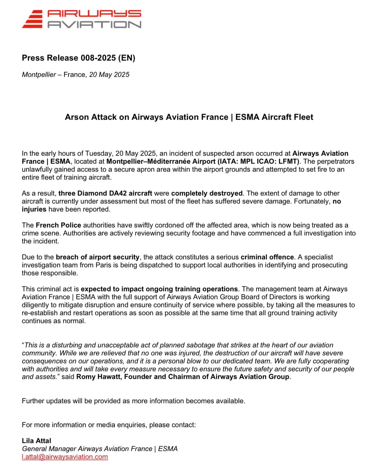 Arson Attack Destroys Three Diamond DA42s Training Aircraft at Airways ...